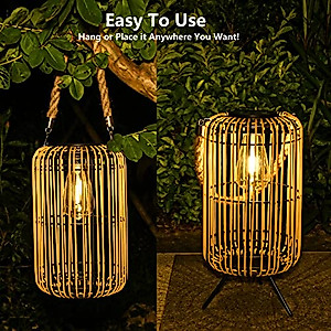 Livinlarge Solar Lantern Outdoor Waterproof, Large Solar Rattan Lantern Outdoor Hanging with Handle, Bright Solar Outdoor Lights with Edison Bulb for Garden Patio Yard Tabletop Decoration
