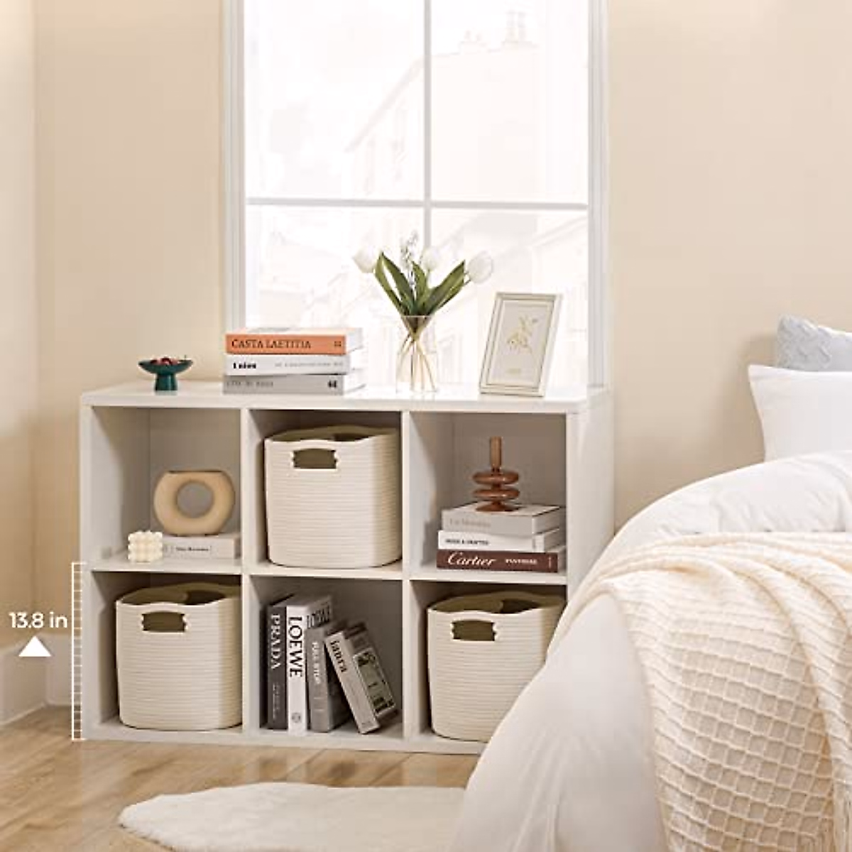 UBBCARE Set of 3 Cotton Rope Basket 11 X 10.5 X 10.5 Inches，Storage Baskets for Shelves, Woven Baskets for Organizing with Handles, Cube Storage Bins for Storage Books, Magazines, Toys, Beige