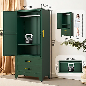 71" Metal Armoire Wardrobe Closet, Metal Wardrobe Cabinet with Hanging Rod (Green)
