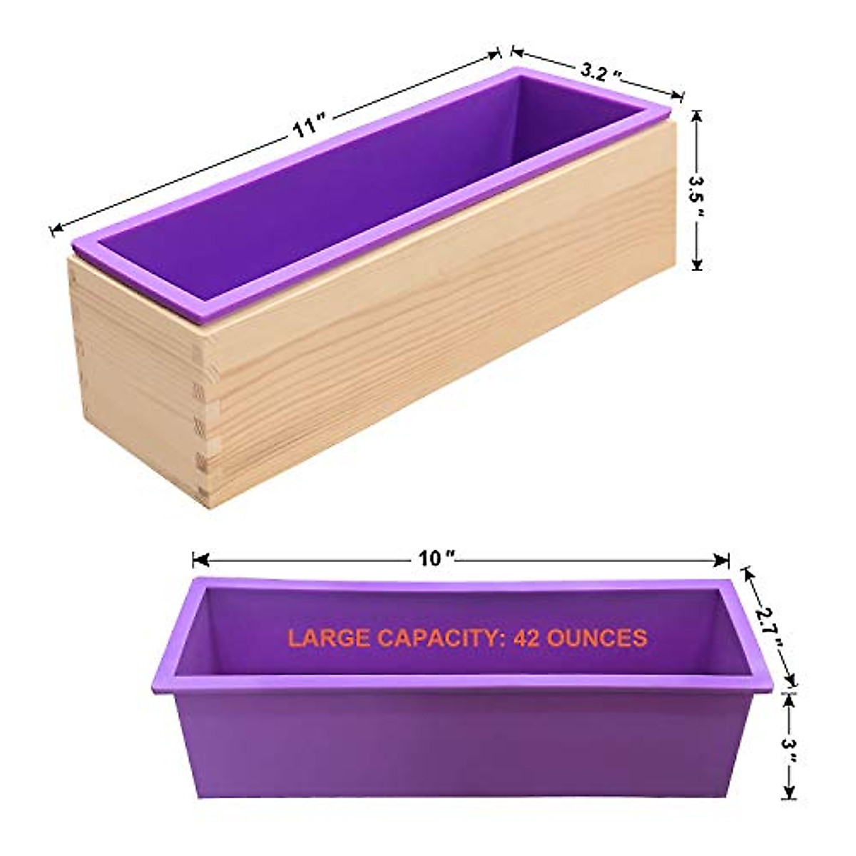 Silicone Soap Mold - Flexible Rectangular Loaf Mold Comes with Wood Box, Stainless Steel Wavy + Straight Scraper for Soaps Making