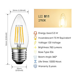 LVWIT Dimmable LED Candelabra Bulbs B11 Filament Bulb E26 Base 5.5W(75W Equivalent) 2700K Warm White Chandelier Decorative Candle Light Bulb 6 Pack