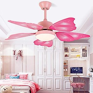 KWOKING Lighting Creative Butterfly Wing Ceiling Light and Fan with Remote Control 5 Blades LED Bedroom Hanging Fan Light Adjustable Speed for Kids Bedrooms - Pink