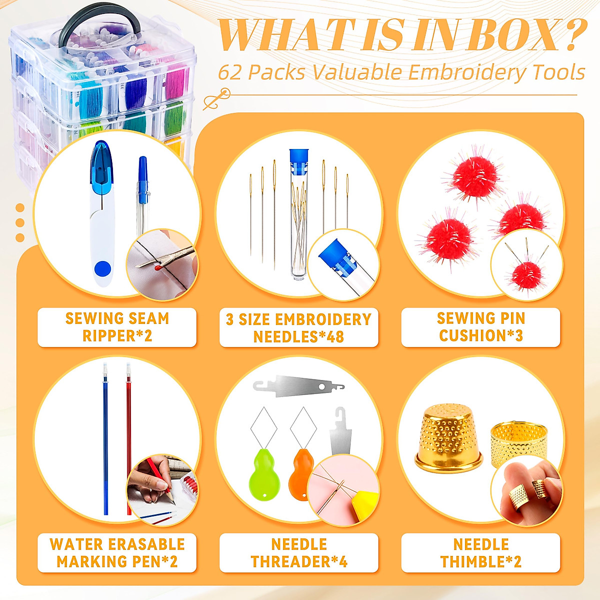 262 Pack Embroidery Thread Floss Set Including 200 Colors 8 M/Pcs Cross Stitch Sewing Thread with Floss Bins and 62 Pcs Cross Stitch Tool,4-Tier Transparent Storage Box