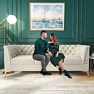ANTTYBALE 82" Mid Century Modern Sofa for Living Room Velvet Couch Chesterfield Sofa with Gold Legs for Bedroom Office (Beige)