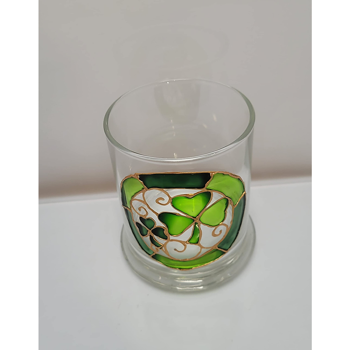 Green Shamrock Four Leaf Clover Hand Painted Stained Glass Candle Holder St Patrick's Day Decor