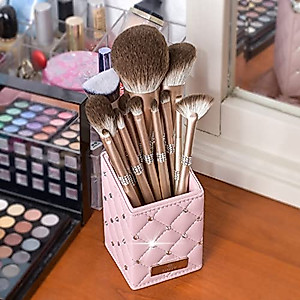 LORYP Makeup Brush Holder Crystal Brushes Cup Pink PU Make up Brush Case Bag Storage for Women