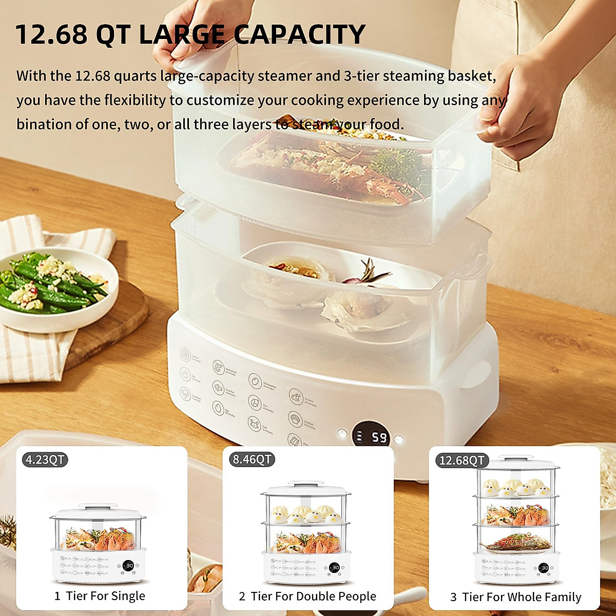 Electric Steamer for Cooking Vegetable Steamer Food Steam Cooker 900w Motor for Fast Steaming Veggie Dumpling Tamale Fish Egg Bun Tortilla,12.68 Quart 3-Tier Design Bpa-Free,Auto Shutoff,Smart Digital