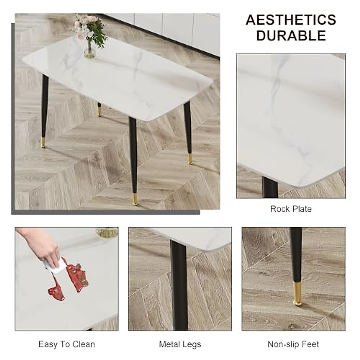 Maotifeys 5 Piece Dining Table Set for 4 Modern Sintered Stone Marble Dining Table Set for 4 People, Oval Faux Marble Kitchen Table and 4 Leather Upholstered Dining Chairs, 50" W x 30" D x 30" H