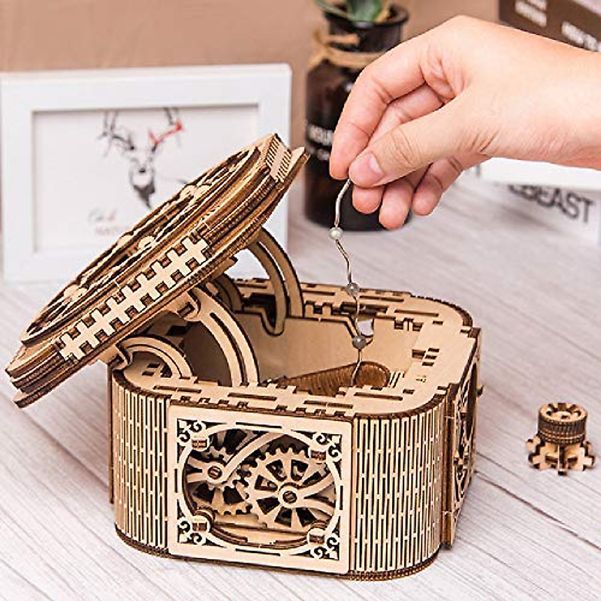 Quenny creative wooden mechanical transmission jewelry box,assembled model Valentine's day gift.