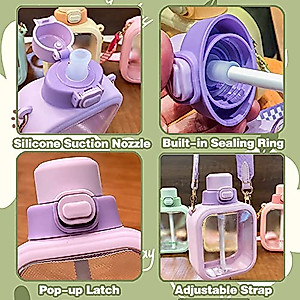 Kawaii Water Bottle for Girls Cute Water Bottles with Straw, Portable Leak Proof Square Kawaii Water Bottle with Stickers and Adjustable Strap - for Outdoor Sports Travel, BPA-Free, 24oz (Purple)