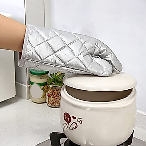 1 Pc Oven Mitts,Baking Gloves Anti-scalding Oven Gloves Thickened Breathable Heat Insulation Non-Slip Kitchen Mittens for Cooking Baking Barbecue BBQ Microwave Silver 10.04" x 5.51"