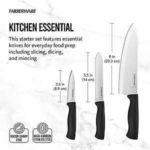 Farberware Stainless Steel Chef Knife Set, 3 Piece, Black