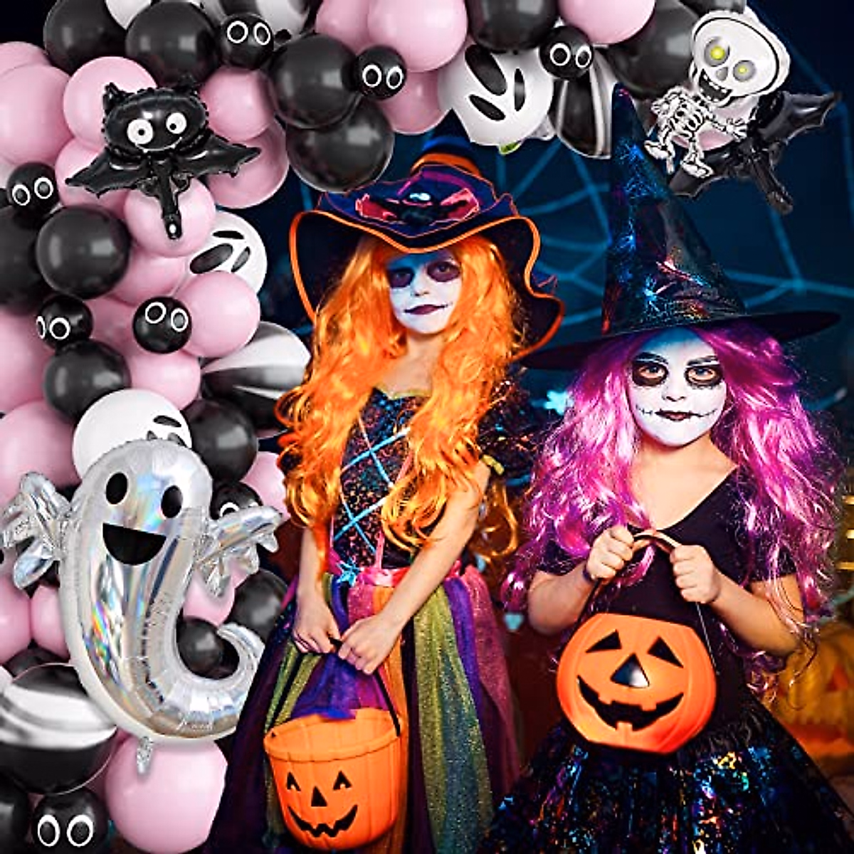 Halloween Balloon Garland Kit, GREMAG Halloween Decorations with Black Macaron Pink Agate Black Eyes Ghost Balloon, BOO Bat Skull Ghost Aluminum Film Balloon, 88 Pcs Set Halloween Party Favors for Kid
