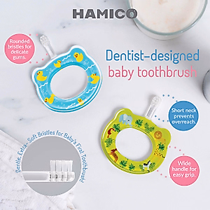 HAMICO Baby Toothbrush Gentle, Extra- Soft Bristles for Baby’s First Toothbrush | Easy Grasp-No Overreach Infant Toothbrush | BPA Free | 2-Pack: Rubber Ducks & Jungle Animals