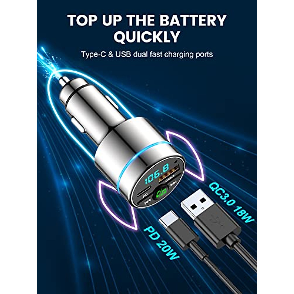 FM Transmitter for Car Bluetooth 5.3, RIWUSI [All-Metal] PD 20W & QC3.0 18W Fast Car Charger, Wireless FM Radio Car Kit Bluetooth Car Adapter, Noise Cancelling Hands-Free Call, Hi-Fi Music, Blue Light