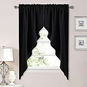 NICETOWN Blackout Window Treatment Pole Pocket Kitchen Tier Curtains- Tailored Scalloped Valance/Swags for Living Room (2 Panels, 36" W X 63" L Each Panel, Black)