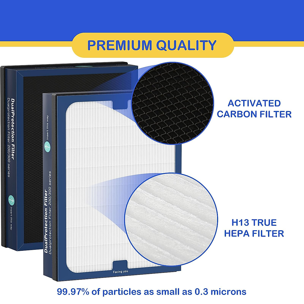 Classic 200/300 Series DualProtection Filter Replacement Compatible with Blueair 200/300 Series, for200, 201, 203, 205, 210, 215, 250, 270, 280i, 303 Models, True HEPA with Activated Carbon, 2 Pack