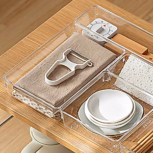 Kingrol 4 Pack Clear Drawer Organizer Trays, 15 x 6 x 2 Inch Desk Drawer Divider Storage Bins, Storage Box Set for Utensils Junks Vanities Makeups Jewelry Office Craft Supplies