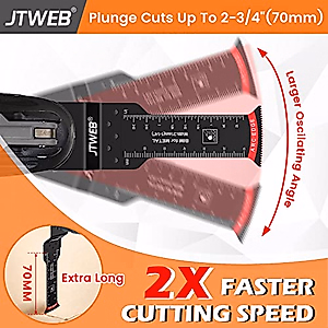 JTWEB Extra Long Oscillating Saw Blades - 12PCS Arc Edge Bi-Metal Multitool Blades Precise Cut for Wood with Nails, Wood, Metal, Universal Quick Release Power Oscillating Tool Blades Kits for Dewalt