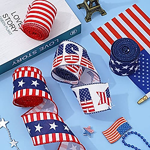 AnyDesign Patriotic Wired Edge Ribbon 24 Yards USA Flag Stars Stripes Craft Fabric Ribbon 4th of July Decorative Wrapping Ribbon for Independence Day Memorial Day Wreath Bow Making DIY Crafts, 4 Roll