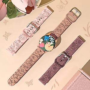 SuperNaNa Floral Design 3 Pack Samsung Galaxy Watch Bands for Women, Elegant Butterfly and Wildflower Engravings, 20mm Width, Quick Release, Soft Silicone