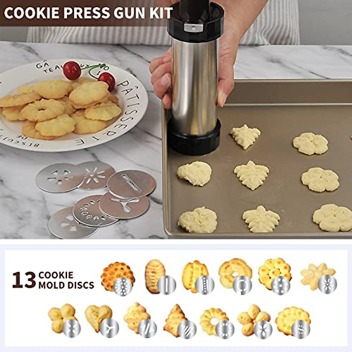 JAZORR Cookie Press,Stainless Steel Cookie Press Gun Kit with 13 Cookie Mold Discs 8 Piping Nozzles for DIY Biscuit Maker and Cake Decorating Tool (Black,with Cleaning Brush)