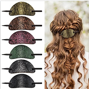 Noverlife 6PCS Hair Barrette with Stick, Faux Leather Oval Shape Hair Clips Hair Slider Pin Ponytail Holders, Bohemian Style Hair Accessories Barrette with Wood Slide Stick for Women Girls