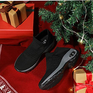STQ Womens Slip on Walking Shoes Breathable Non Slip Work Shoes Comfortable Air Cushion Orthopedic Sneakers with Arch Support Black 7.5