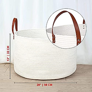 MINTWOOD Design Extra Large 20 x 13 Inches Decorative Cotton Rope Basket, Blanket Basket Living Room, Woven Laundry Basket, Storage Baskets Bin, Round Pillow Towel Basket with Long Handles, White