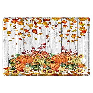 Fall Pumpkin Bath Mat for Bathroom, Watercolor Pumpkins and Sunflower on Rustic Vintage Wood Boards Bathroom Rug, Autumn Fallen Maple Leaf Thanksgiving Non Slip Absorbent Bathroom Mat, 24x16 Inch