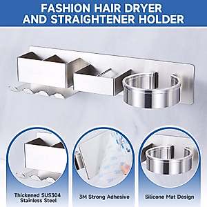 Hair Dryer Holder Wall Mounted, Hair Tool Organizer, Stainless Steel Blow Dryer Holder for Bathroom, Adhesive Hair Straightener Holder Curling Iron Holder with Plug Hook & Storage Compartment
