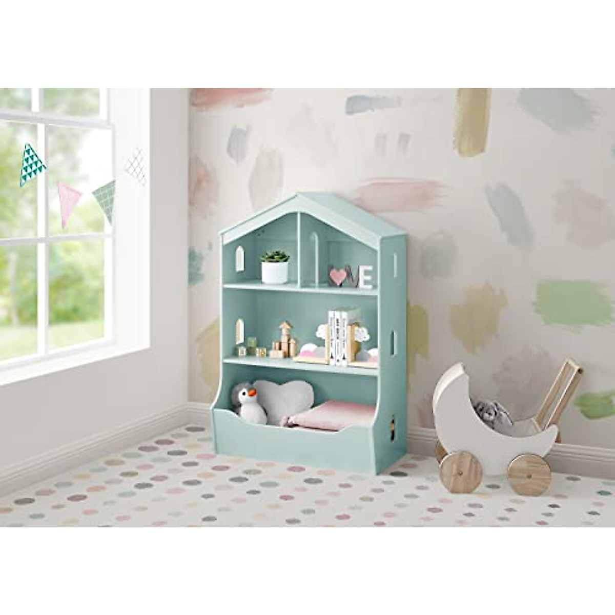 Delta Children Playhouse Bookcase with Toy Storage, Greenguard Gold Certified, Mint