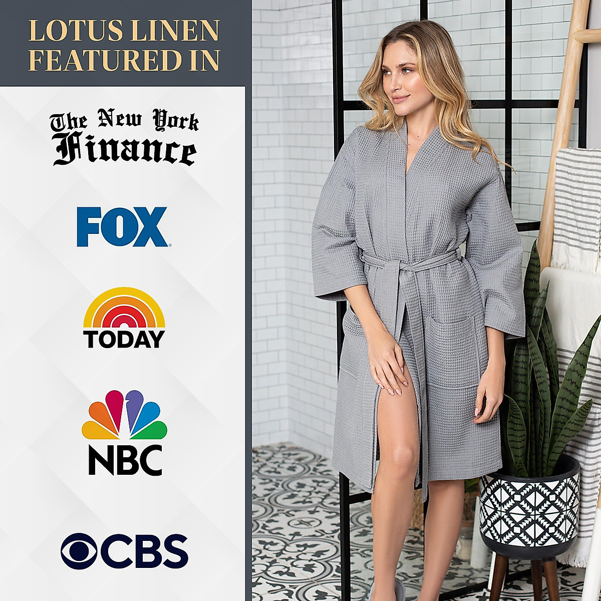 Lotus Linen Women's Lightweight Waffle Kimono Robes for Women - Cotton Spa Grey Bathrobes - Grey Bridesmaids Robe Set (Small, Grey)