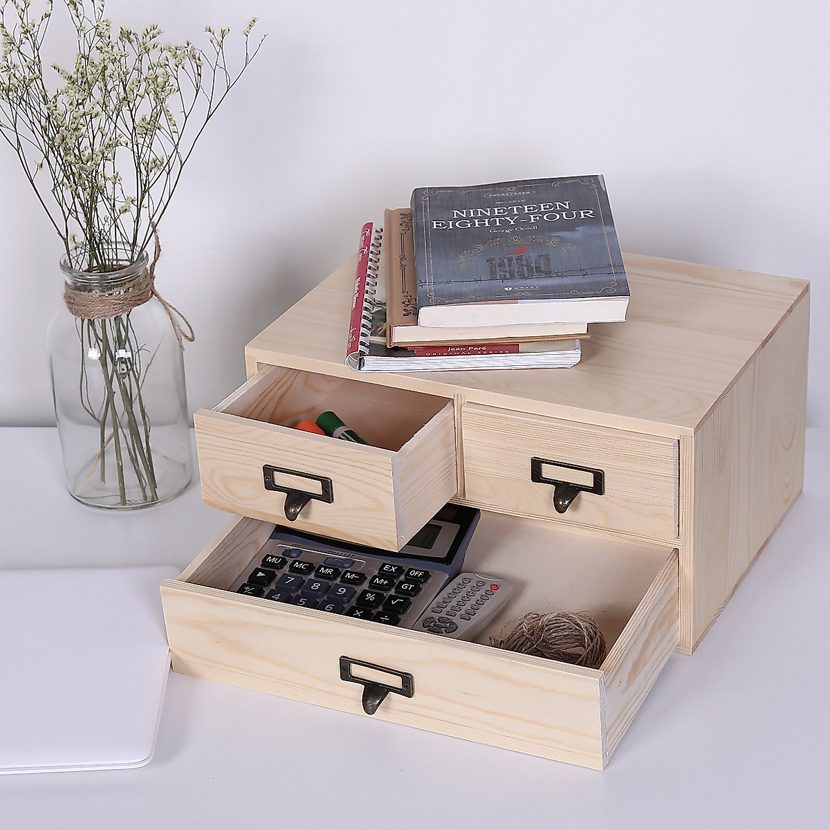 MyGift Natural Beige Wood Desktop Storage Cabinet with 3 Drawers, Small Wooden Box Organizer for Office Supplies, Sewing Kits and Accessories