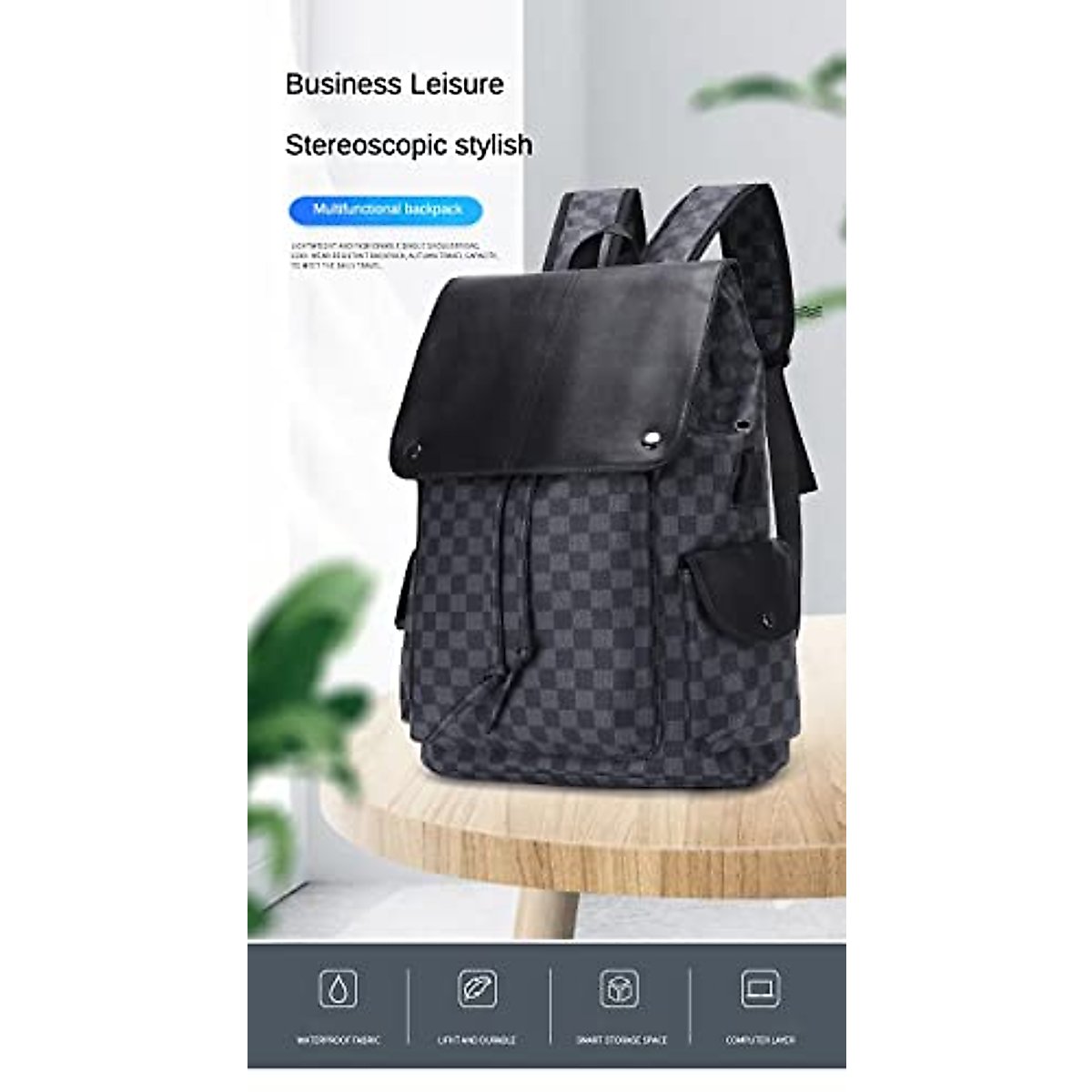 Classic PU Leather Laptop Backpack Unisex For Adult Youth Travel Leisure Fashion Bag Drawstring Gray Grid Backpack (Black)