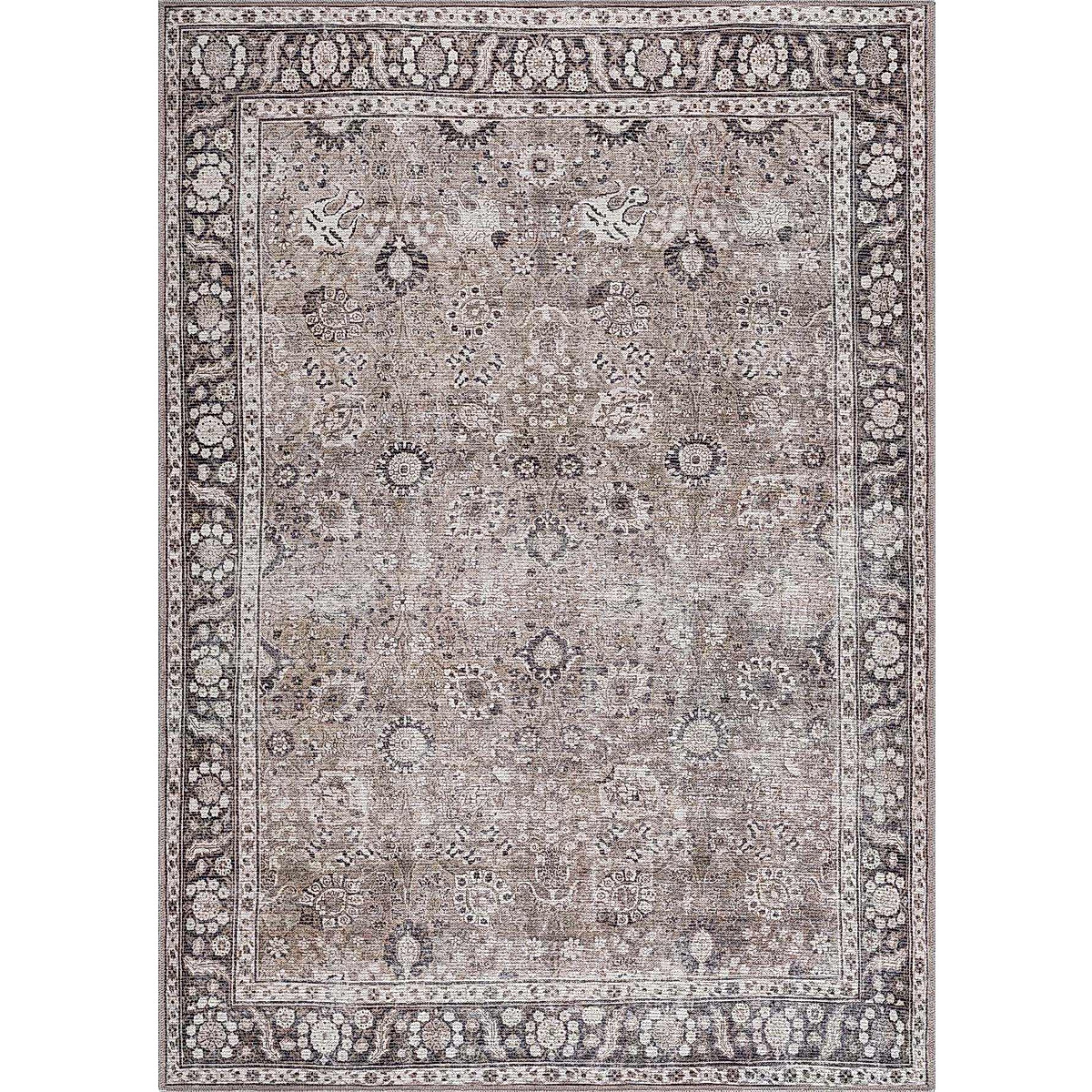 Hauteloom Ganyangan Boho Vintage Distressed Damask Area Rug - Farmhouse Traditional Floral Faded Carpet for Living Room, Bedroom - Machine Washable Rug - Brown, Taupe, Cream - 7'10" Square