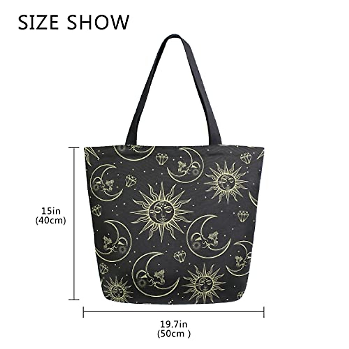 ALAZA Witchy Sun Moon Stars Large Canvas Tote Bag Shopping Shoulder Handbag with Small Zippered Pocket