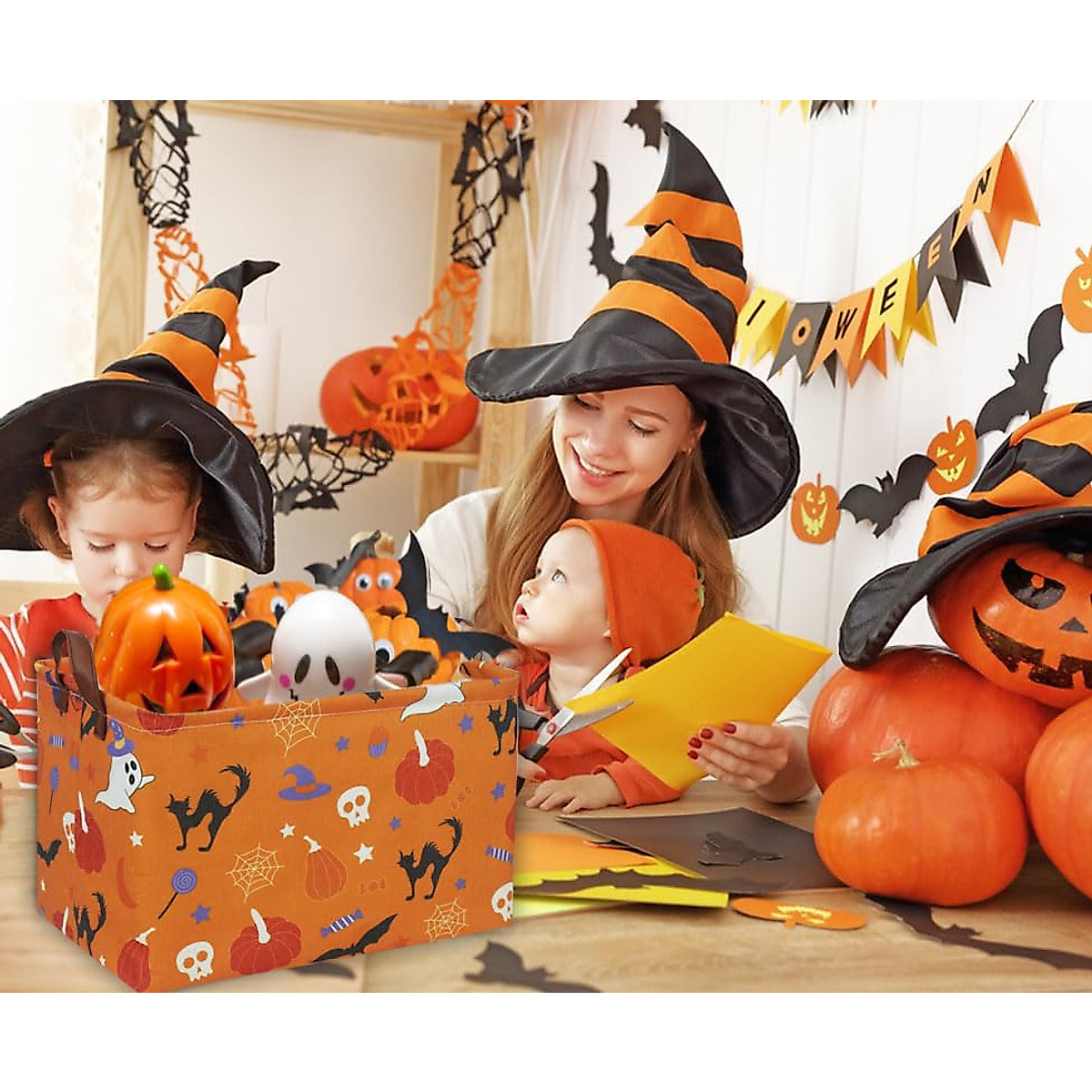 DDBASKET Halloween Basket Pumpkin Halloween Baskets for Kids Trick or Treat Basket Rectangular Toy Storage Bin Organizer Box Room Decor for Halloween Parties(Candy Pumpkin)