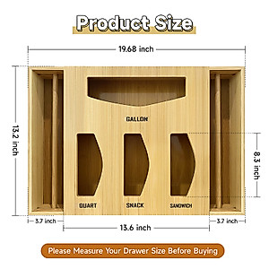 Ella & Emma Zip Lock Bag Organizer - Bamboo Zip Lock Bag Organization and Storage, Foil & Plastic Wrap Dispenser with Cutter, Expandable Kitchen Organization for Storage Drawers, 13.2 by 13.6 by 3 in