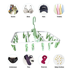 HAOYIJIA Foldable Clip Clothes Drying Racks, Drip Hanger Plastic with 20 Drying Clips 360° Rotatable Hook Laundry Clip for Drying Towels Bras Baby Clothes Gloves