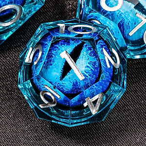 OUKELANWO Liquid Core Dragon Eye D&D Dice with Gift Box, 7 Piece Dungeons and Dragons Polyhedral DND Dice Set, Floating Blue Sharp Edge RPG D and D Role Playing Dice D20 D12 D10 D8 D6 D4