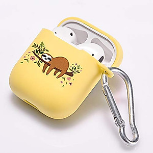 JOYLAND Yellow Case Cover for AirPod 1&2 w/Keychain Ring Carabiner Clip,Lovely Sloth Case Wireless Earphone Case Smooth Anti-dust Silicone Protective Cover Soft Skin Cute Case fr AirPods 1 & 2