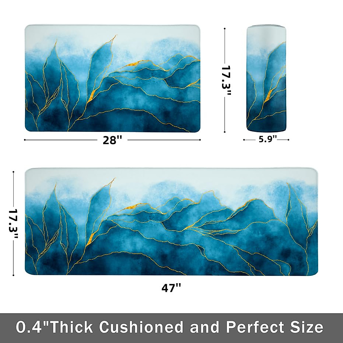 chiinvent Blue Kitchen Rugs Gold Stripes Modern Ink Art Decor Kitchen Floor Mat Cushioned Memory Foam Padded PVC Leather Heavy Duty Comfort Standing Runner Rugs, 17.3x28+17.3x47 inch