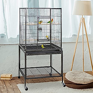 Epetlover 53 Inch Height Wrought Iron Standing Parrot Large Flight Bird Cage with Rolling Stand Birdcages for Parakeet Cockatiel Conure Lovebird Finch Black