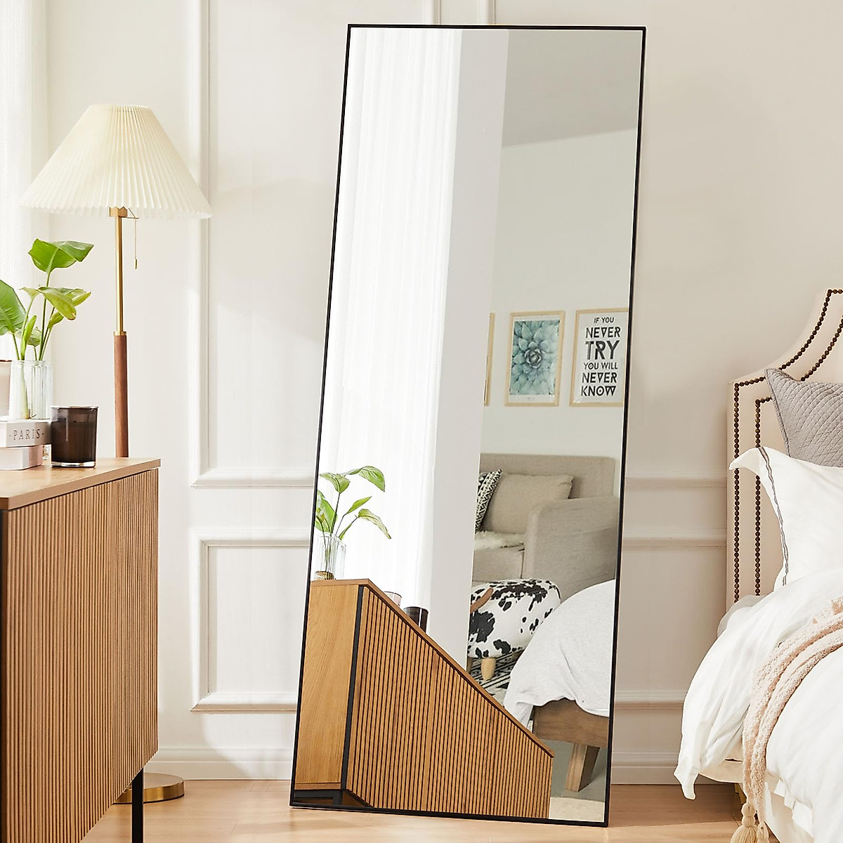 Sweetcrispy Full Length Mirror 64"x21" Floor Standing Full Body Mirror for Bedroom, Wall Mirror Full Length with Stand Aluminum Alloy Frame Hanging or Leaning Against Wall, Black