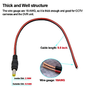 MILAPEAK (Real 18AWG 43x2pcs Wires) 20pcs Male DC Power Pigtail Cable, 12V 5A DC Connectors for CCTV Security Camera and Lighting Power Adapter (2.1mm x 5.5mm, Ultra Thick)