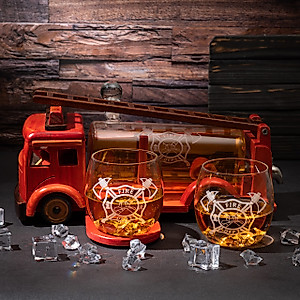 Firetruck Whiskey Decanter with Two 12 oz Glasses Gift Firefighter Gifts, Fireman, Fireman Figurine, Police Gifts, Fire Department Gifts, Gift for Firefighters ! 600ml 13" L 6" H Gifts for Dad