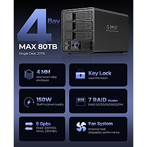 ORICO 4 Bay Raid Hard Drive Enclosure Aluminum with Hard Drive Tray-Less Design HDD Enclosure Max Up to 80TB Support RAID 0/1/3/5/10/JBOD/Single Mode, Designed with Safety Lock -9548RU3