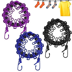 Portable Clothesline with 12pcs Clips, 3 Pack Windproof Travel Camping Clothes line Retractable Elastic Laundry Drying Clothes Line for Backyard, Hotel, Outdoor and Indoor Use(Black+Blue+Purple)