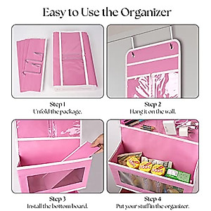 Heavy Duty Over Door Organizer, Wall Mount Hanging Organizer Storage with 4 Large Capacity Pockets, Closet Bathroom Nursery Bedroom Dorm, Toys Cosmetics Sundries and Baby Essentials, Pink